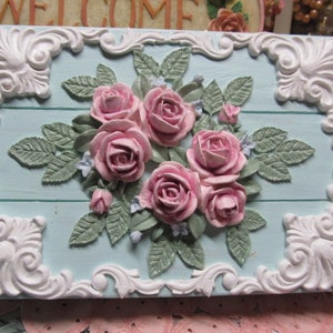 Aqua Blue WALL DECOR With Molded Pink Roses, White Ornate Designs. Wood ...
