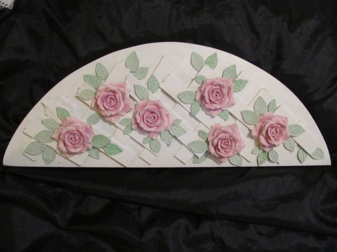 White Lattice WALL PEDIMENT, TOPPER, Arched Design, Pink Molded Roses ...