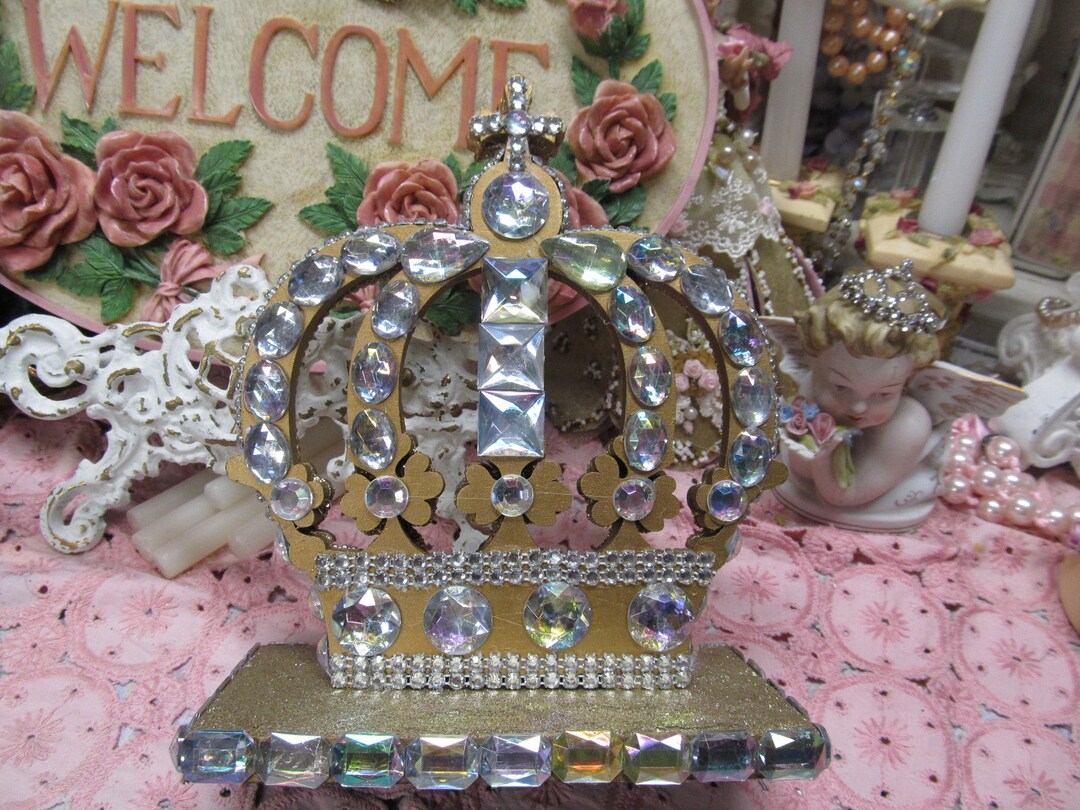 Standing Crown Decor, Wood, Embellished With Rhinestones, 2 Different ...