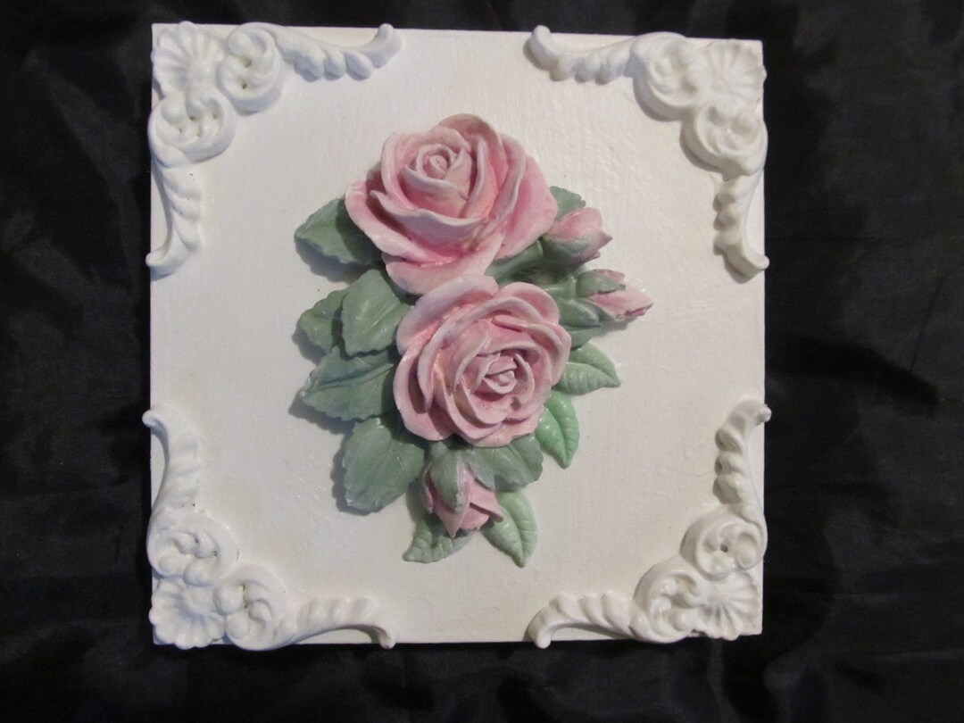 White WALL DECOR With Molded Pink Roses, Square, Ornate Designs, Wood ...