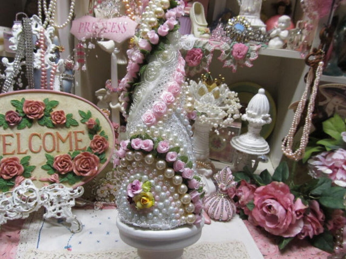 Shabby Chic Christmas Tree Decor, Embellished With Pearls,roses,crowns ...
