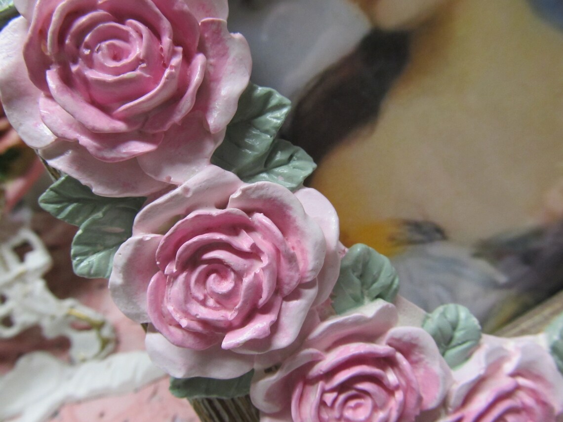 Rustic Wood PHOTO FRAME, Pink Rose Oval, 4x6, Tabletop, Hand Molded ...