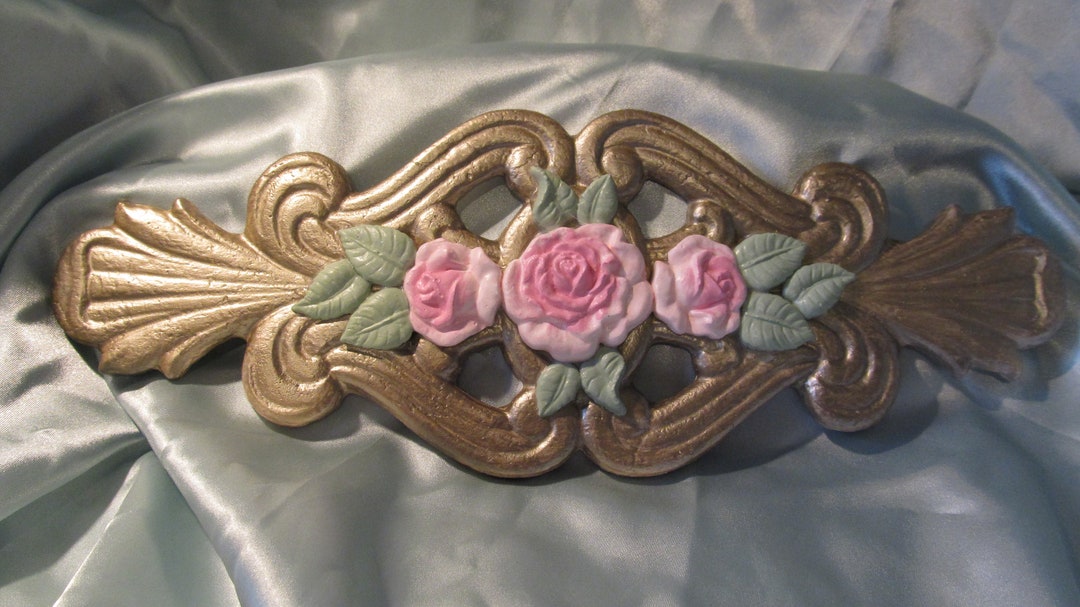 Gold Ornate Pediment With Pink Roses~wall Decor~plaster, Handmade, Hand ...