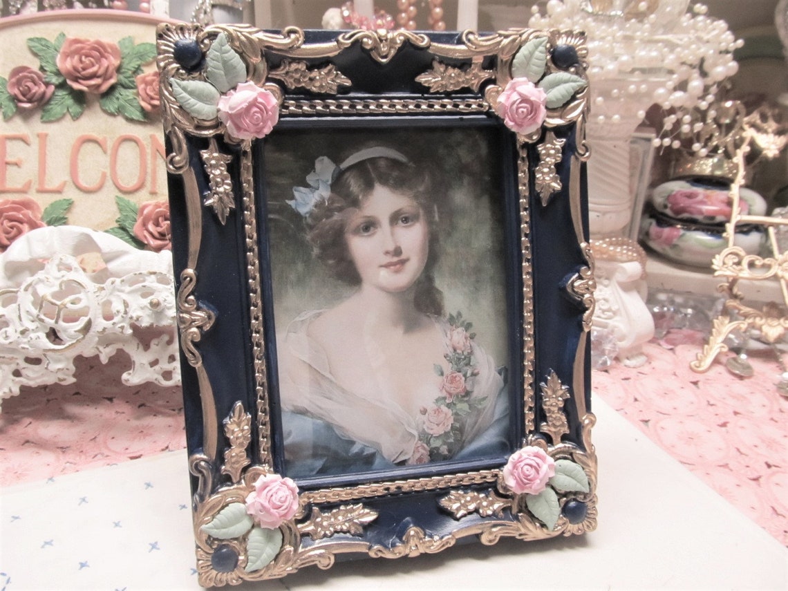 Navy Blue and Gold Ornate Photo Frame, 5x7 Photo, Hand Molded and Hand ...