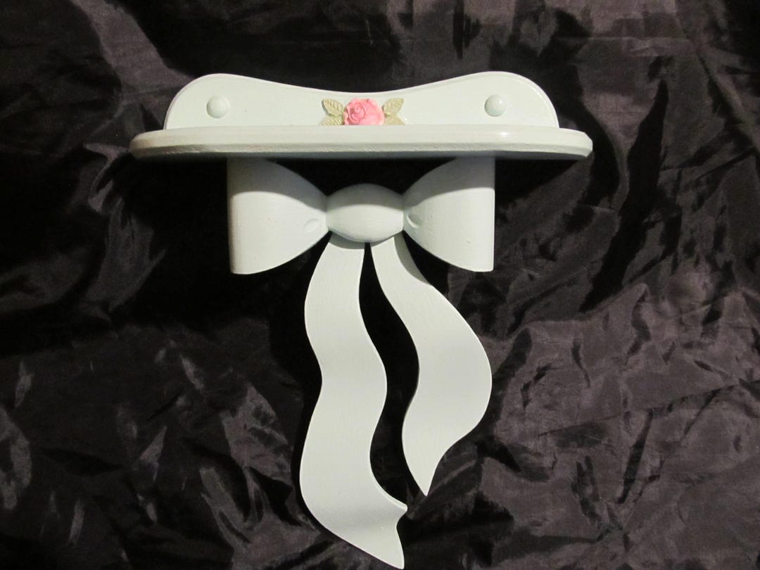 Aqua Bow Shelf WALL DECOR With Added Pink Rose, Wood, Hand Painted ...