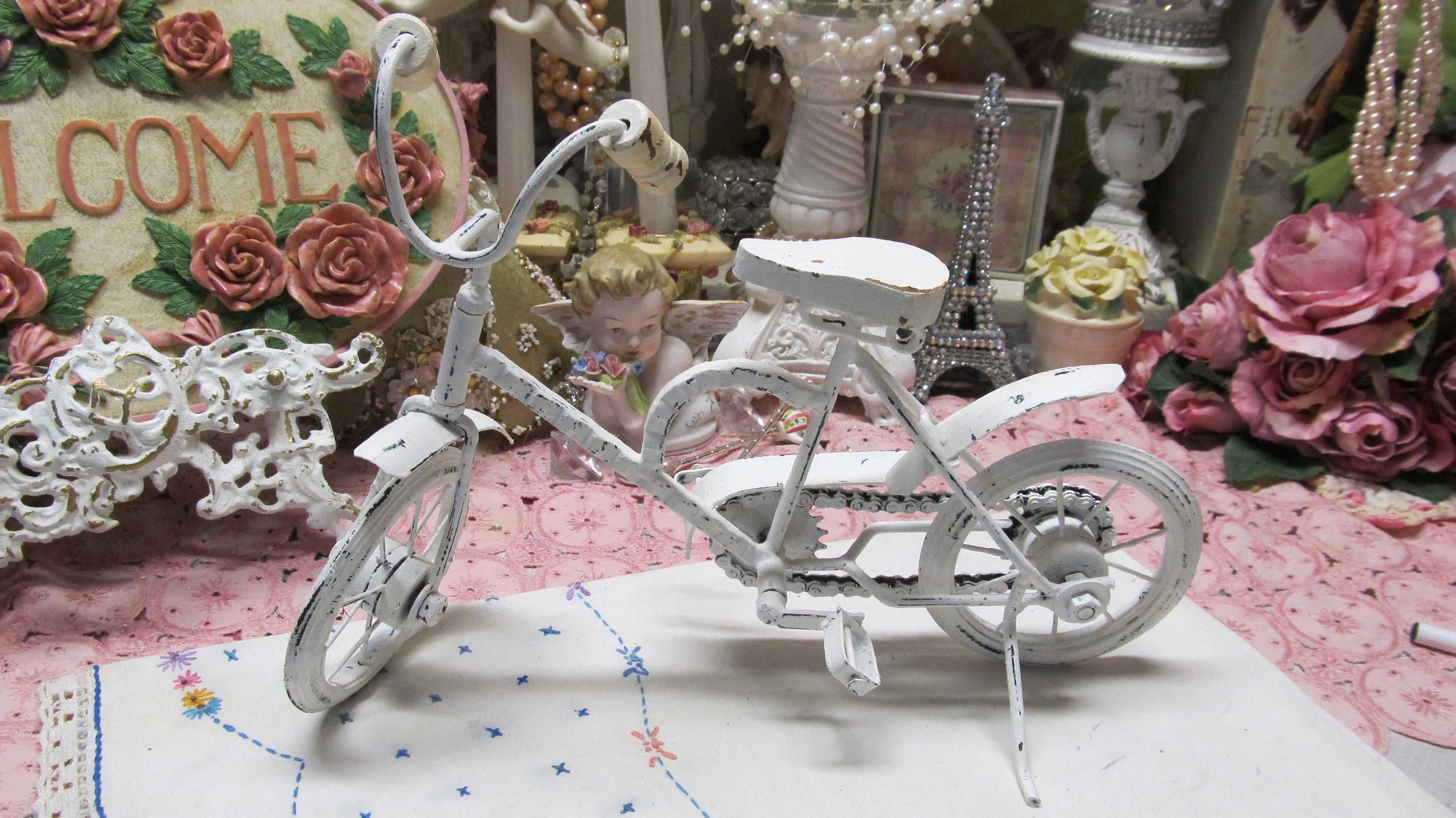 White Shabby Chic Bicycle Decor, Lightweight Metal, Distressed, Cottage ...