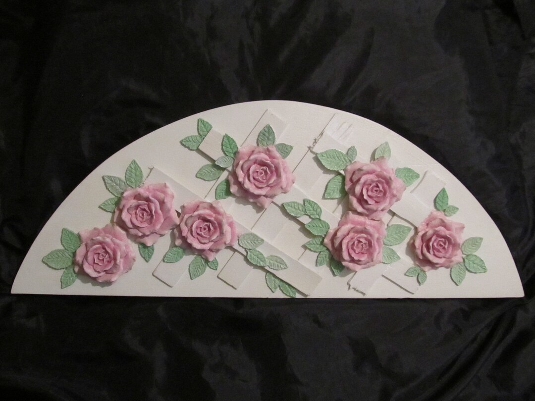 White Lattice WALL PEDIMENT, TOPPER, Arched Design, Pink Molded Roses ...