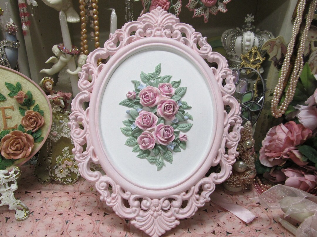 Pink Oval WALL DECOR, Added Pink Molded Roses, Ornate Frame, Shabby ...