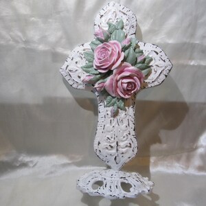 White Standing CROSS DECOR, Cast Iron, Hand Painted, Added Pink Rose Center, Distressed, Shabby ...