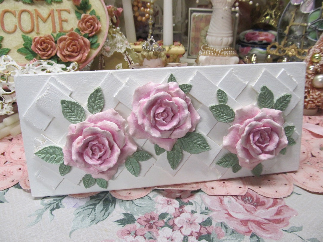 Standing Roses With Easel Back, Pink Molded Roses, Wood, Table or Shelf ...