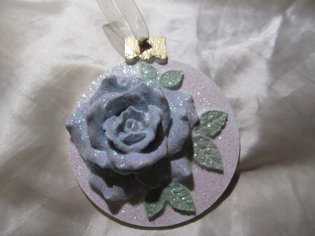 Blue Rose Christmas TREE ORNAMENT, Hand Molded, Hand Painted, Wood ...