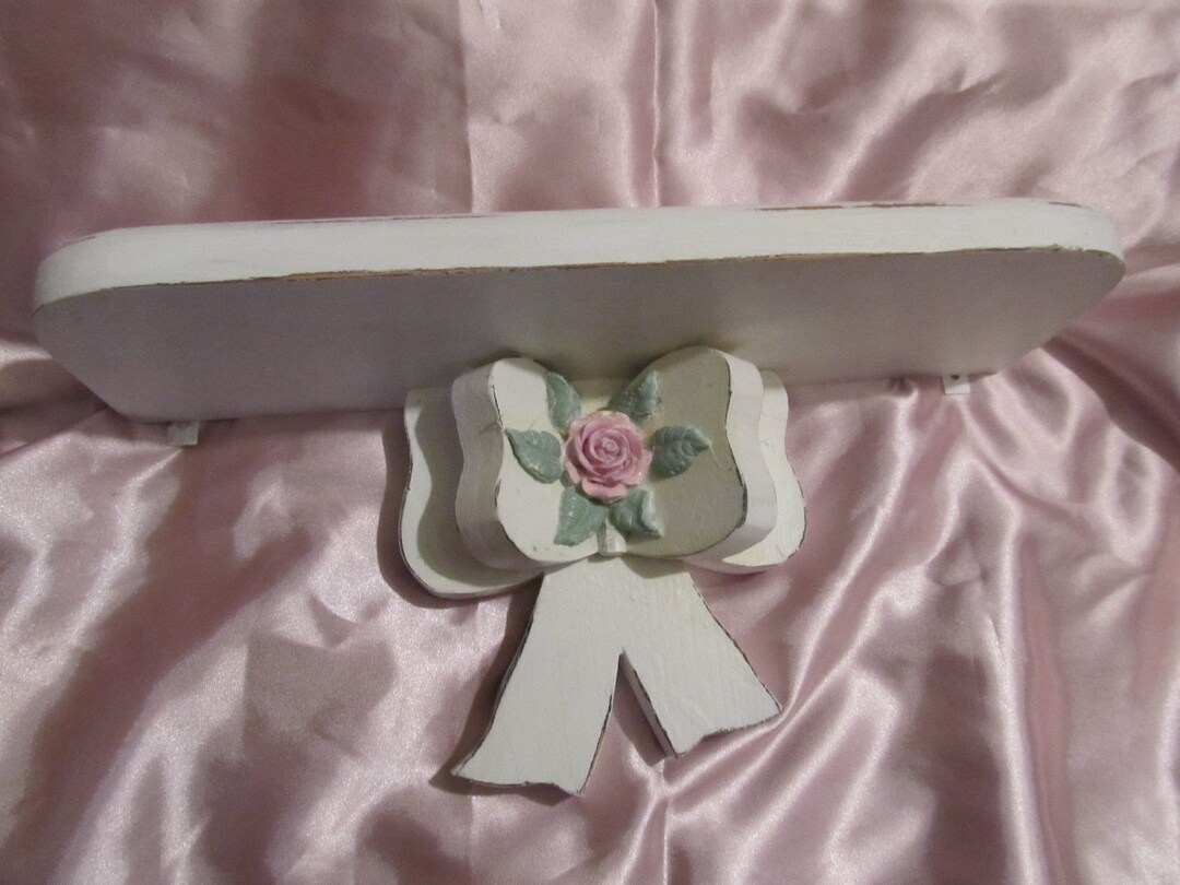 White Bow WOODEN SHELF With Added Pink Molded Rose, Wall Decor ...
