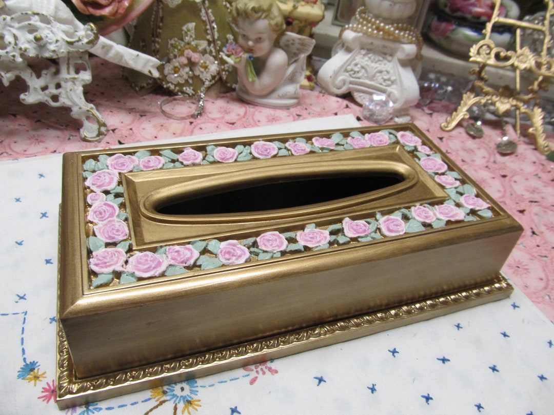 Vintage Gold TISSUE BOX COVER, Hand Painted Pink Roses, Shabby Chic ...