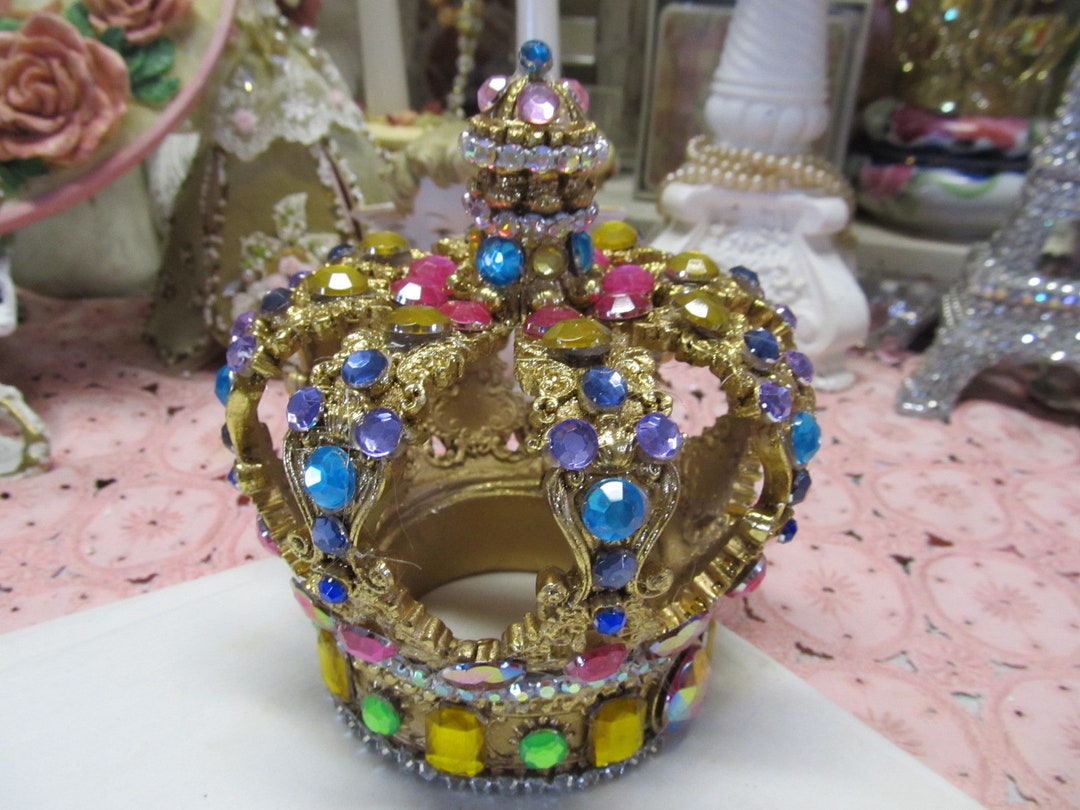 Gold Crown Decor, Embellished With Colored Rhinestones, Resin, Crown ...