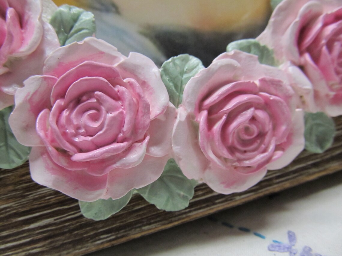 Rustic Wood PHOTO FRAME, Pink Rose Oval, 4x6, Tabletop, Hand Molded ...