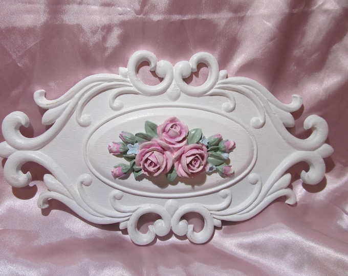 White Ornate WALL DECOR With Hand Molded Pink Roses, Hand Painted ...