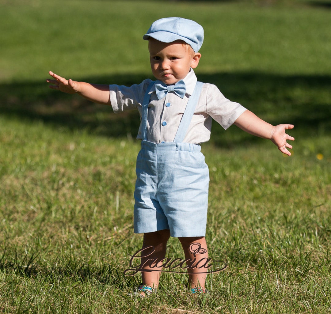 Baby Boy Linen Outfit, Boy Light Blue Shorts With Suspenders, Newsboy ...
