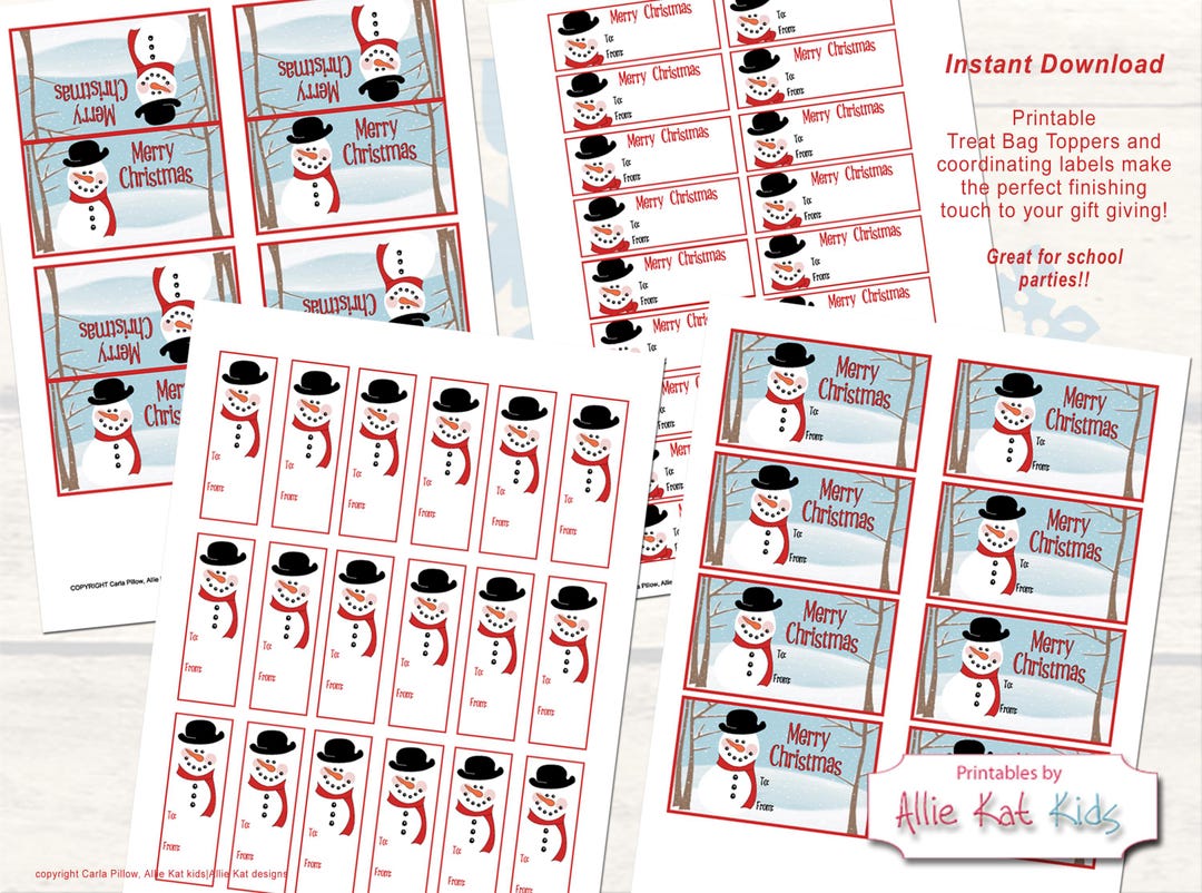 Printable Snowman Christmas Labels, Treat Bag Toppers (instant Download ...