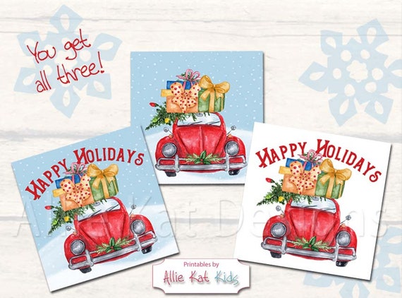 Vintage Red Car Christmas card, Happy Holidays, Greeting Card, in THREE ...