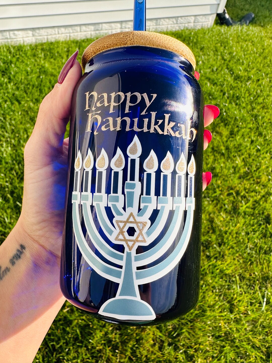 Haunakkah Menorah Candles Blue Glass Libby Cup With Lid and - Etsy