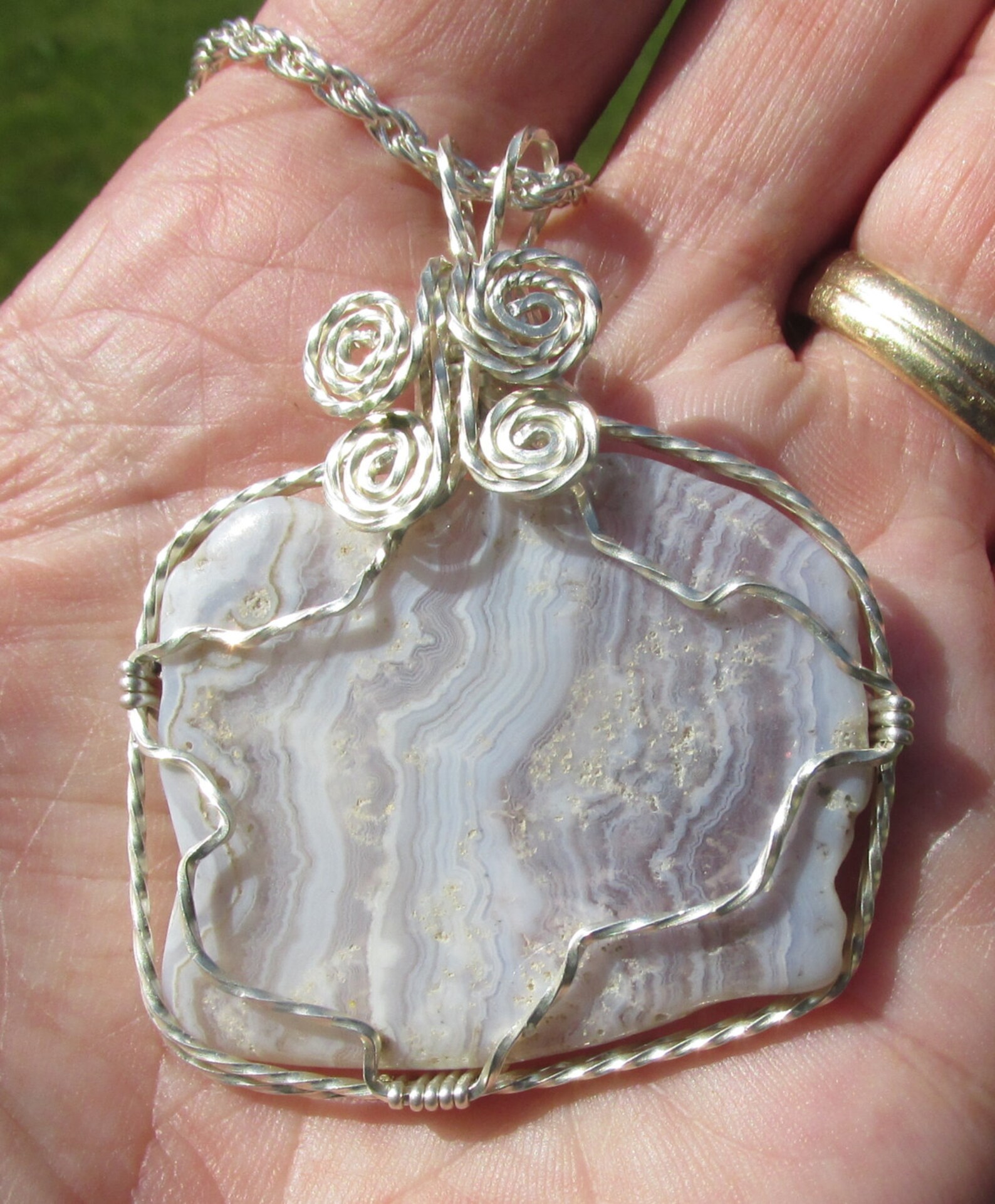 Blue Lace Agate Pendant, Wrapped in Argentium Silver Wire. - Etsy