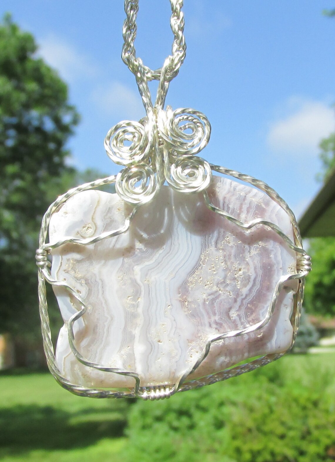 Blue Lace Agate Pendant Wrapped in Argentium Silver Wire. - Etsy