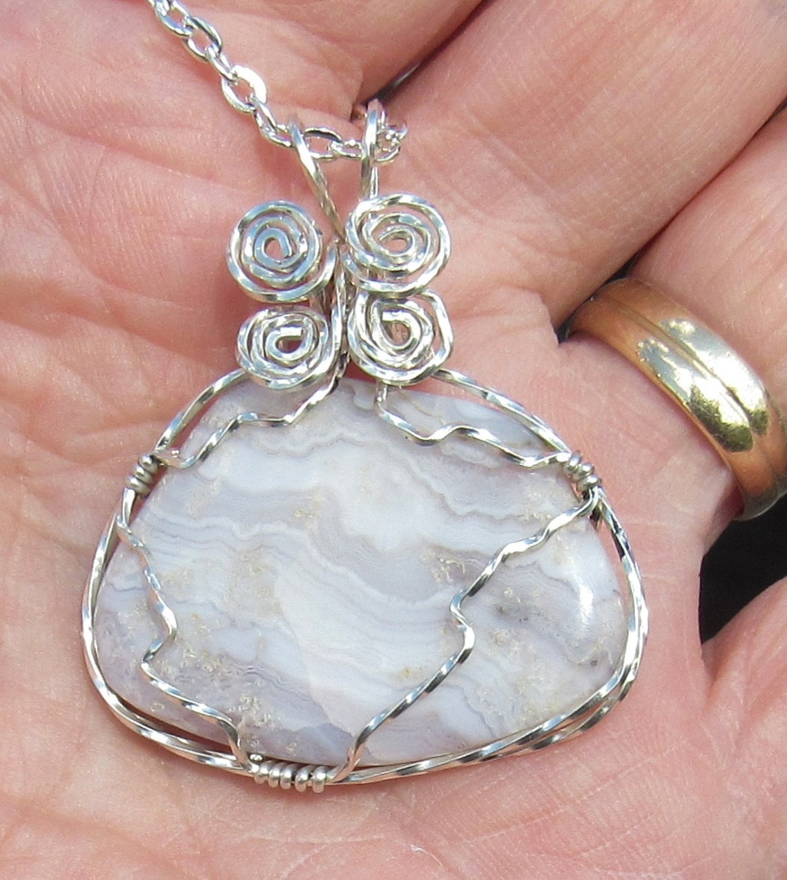 Blue Lace Agate Pendant Wrapped in Argentium Silver Wire. - Etsy