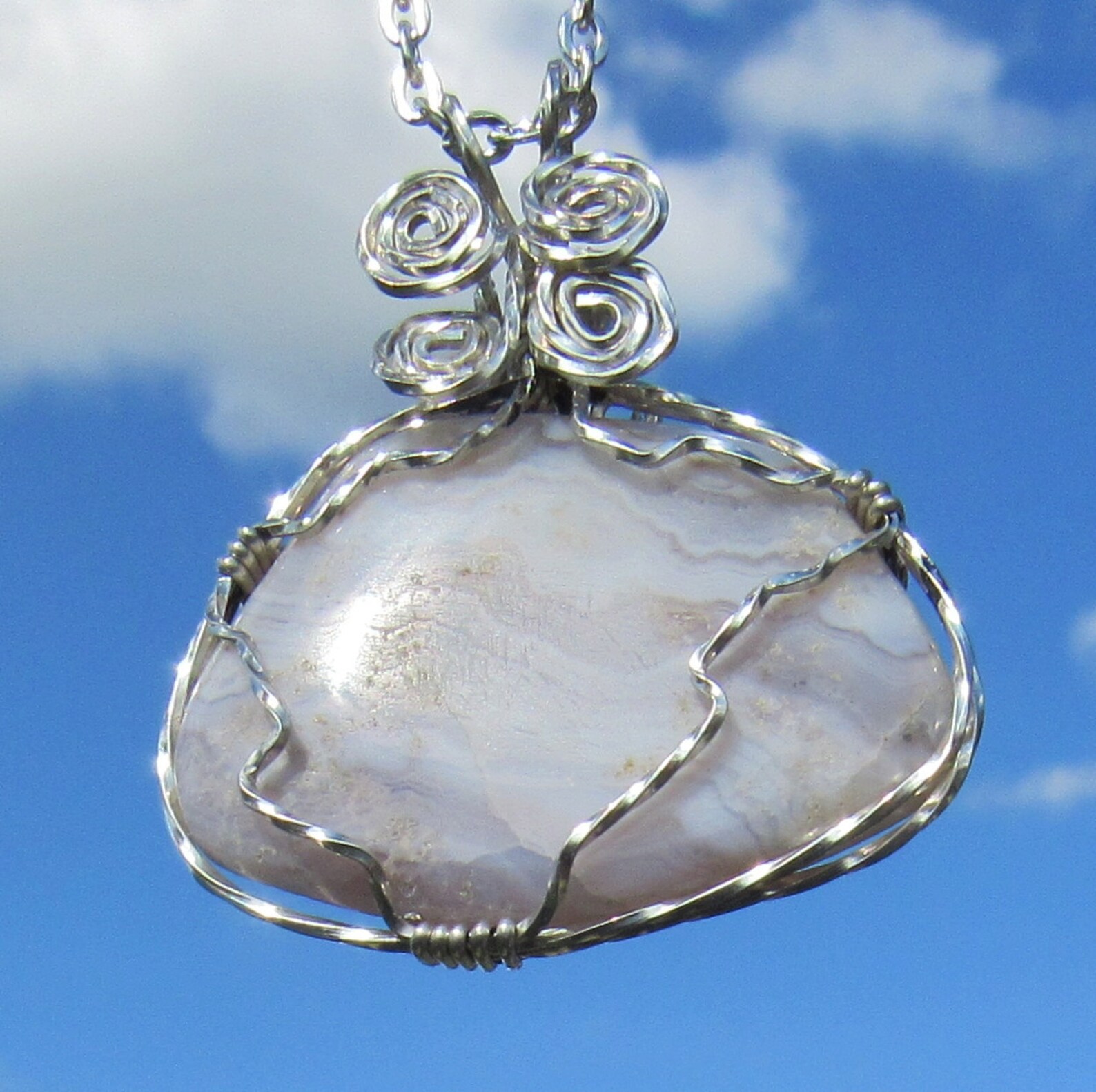 Blue Lace Agate Pendant Wrapped in Argentium Silver Wire. - Etsy