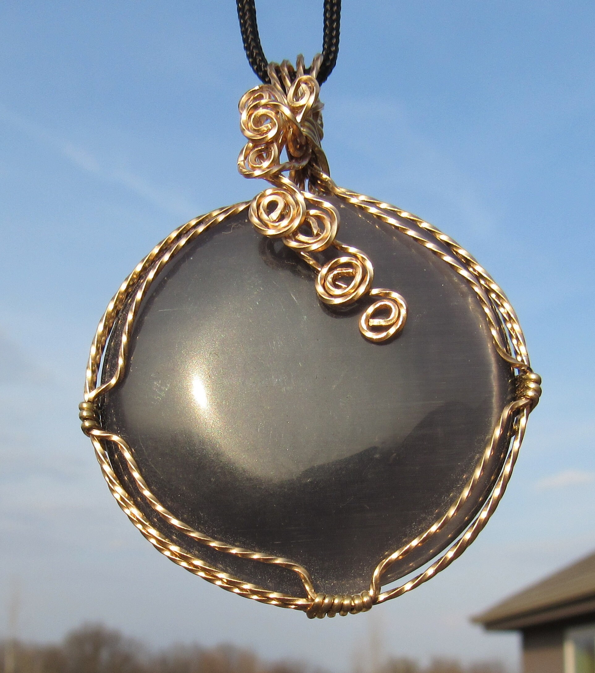 Black Glass Disk in Bronze Wire - Etsy