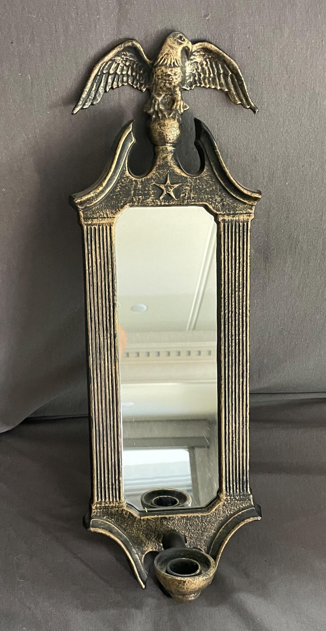 Vintage Federal Style Eagle Metal Antiqued Brass Candle Mirrored Wall ...