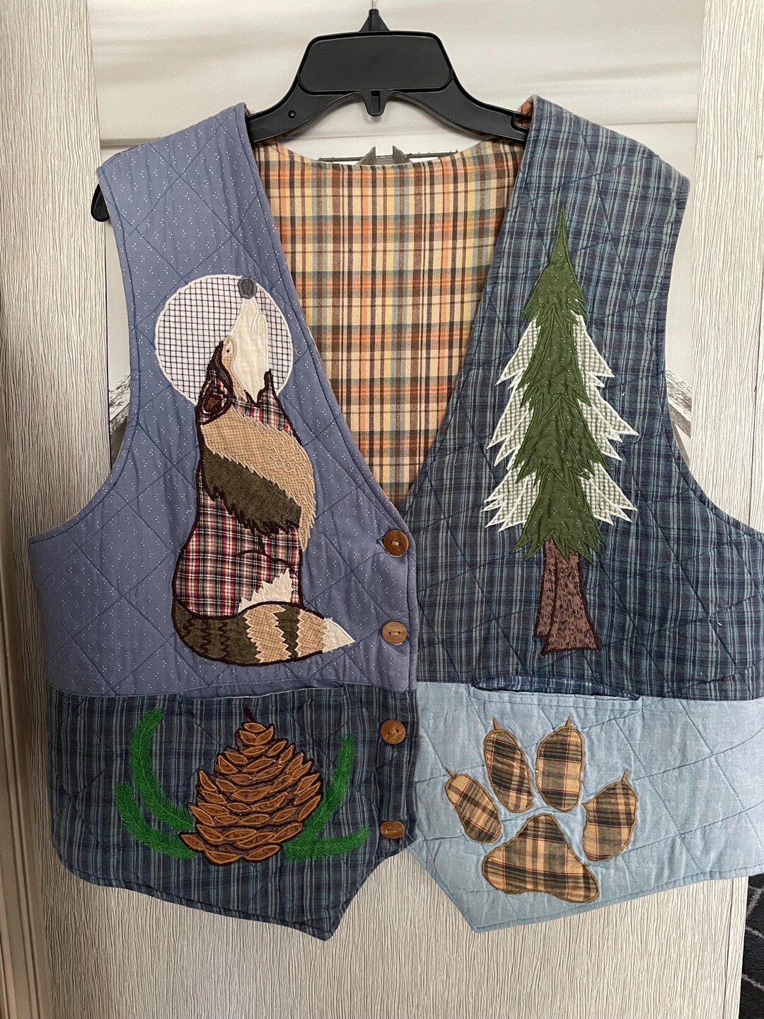 Vintage Patch Magic Quilted Vest Women XL Reversible Wolf Moon Tree ...