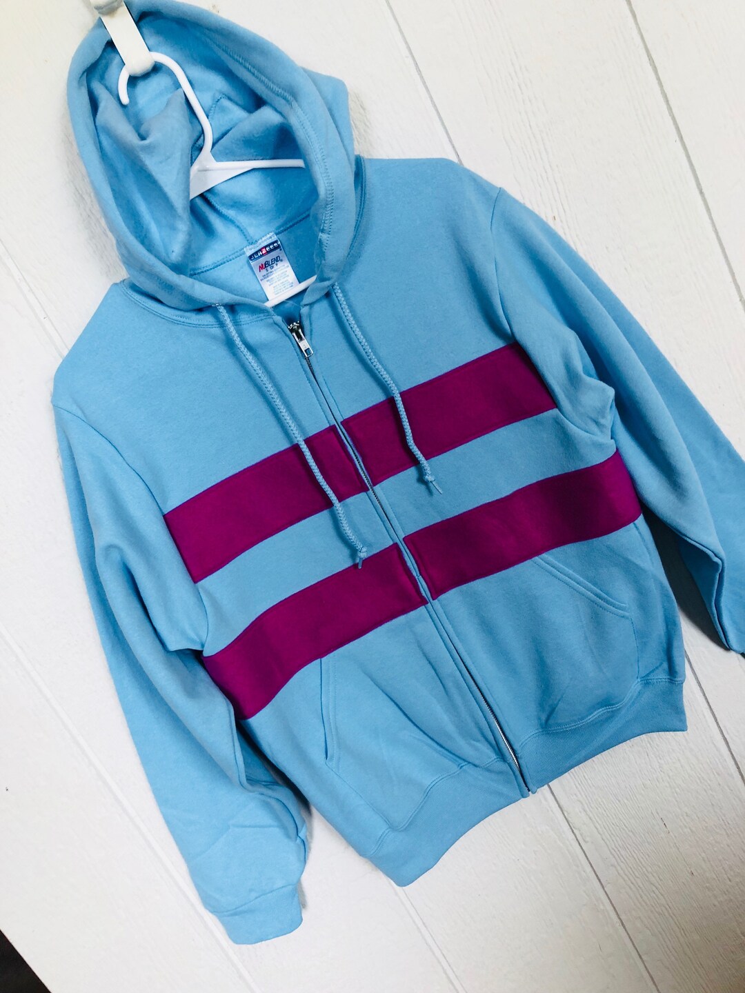 Frisk Zip Front Hoodie, Blue Hooded Sweatshirt With Magenta Stripes ...