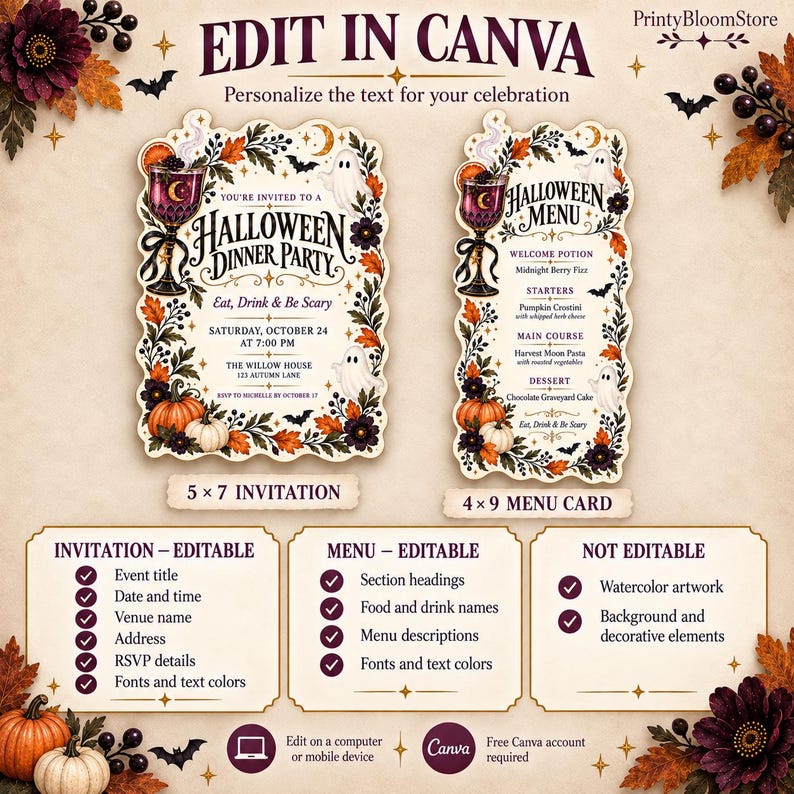 Editable Halloween Dinner Party Invitation, Canva Template With ...