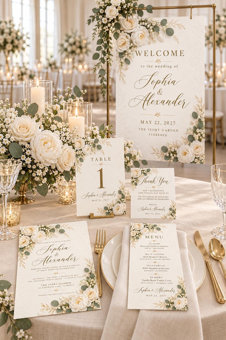 Wedding Invitation Template, White Floral Editable Canva Bundle ...