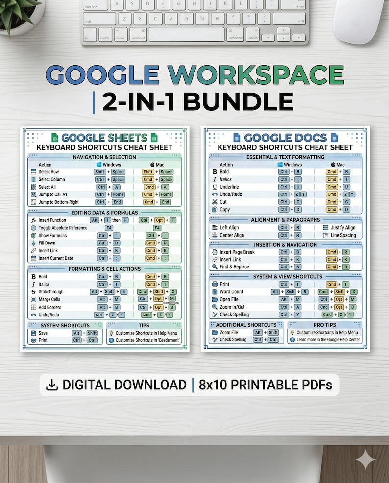 Google Sheets Docs Keyboard Shortcuts Bundle | Productivity Tool (8x10 ...