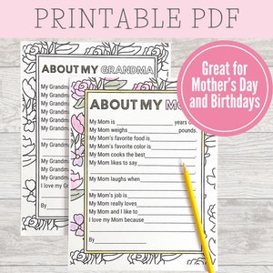 About My Mom Questionnaire Printable, About My Grandma, Mother's Day ...