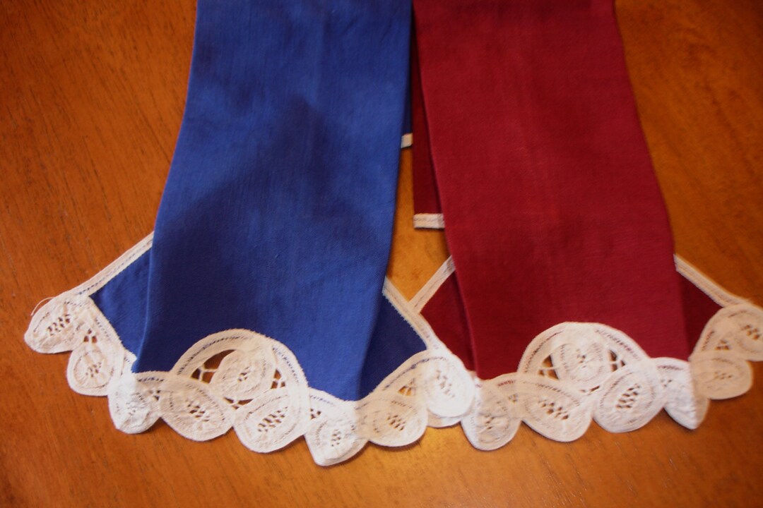 Vintage Linen Tea Towels Set: Battenburg Lace Trim, Burgundy & Cobalt ...