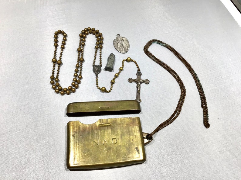 WWII Navy Soldiers Brass Rosary 1830 Mary Jesus Scapular Medal Joseph ...