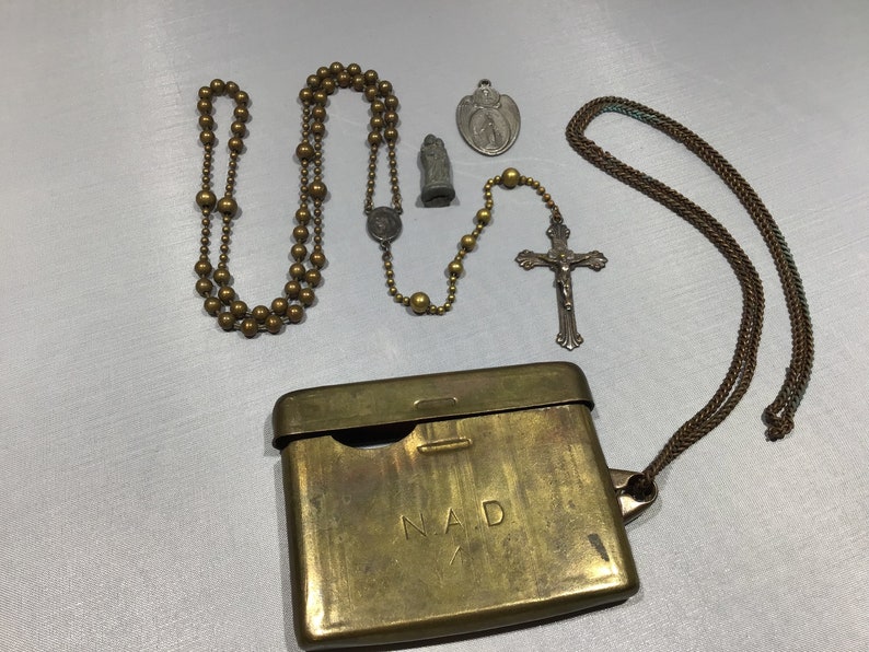WWII Navy Soldiers Brass Rosary 1830 Mary Jesus Scapular Medal Joseph ...