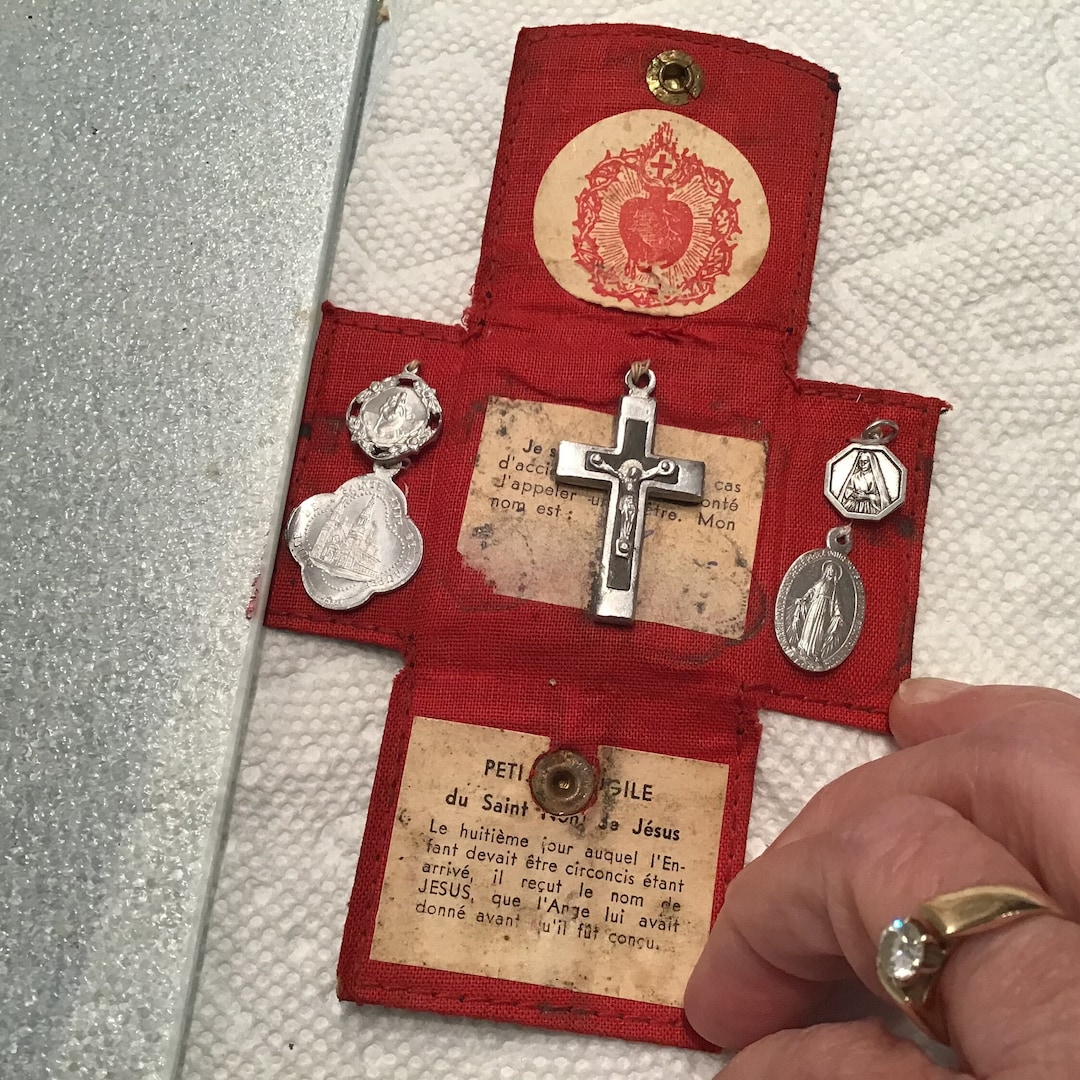 Antique Vintage Folding Pocket Reliquary Relic Crucifix Sacred Heart of ...