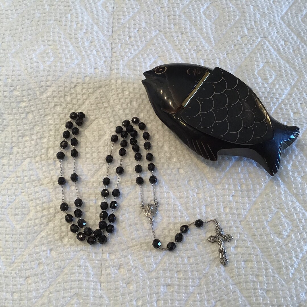 Antique Black Carved Horn FISH Casket Case W/ Black Crystal Miniature ...