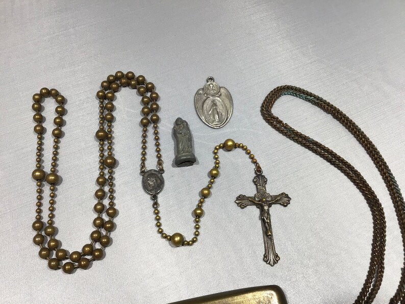 WWII Navy Soldiers Brass Rosary 1830 Mary Jesus Scapular Medal Joseph ...