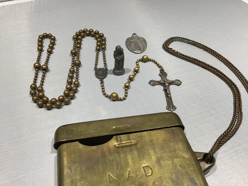WWII Navy Soldiers Brass Rosary 1830 Mary Jesus Scapular Medal Joseph ...