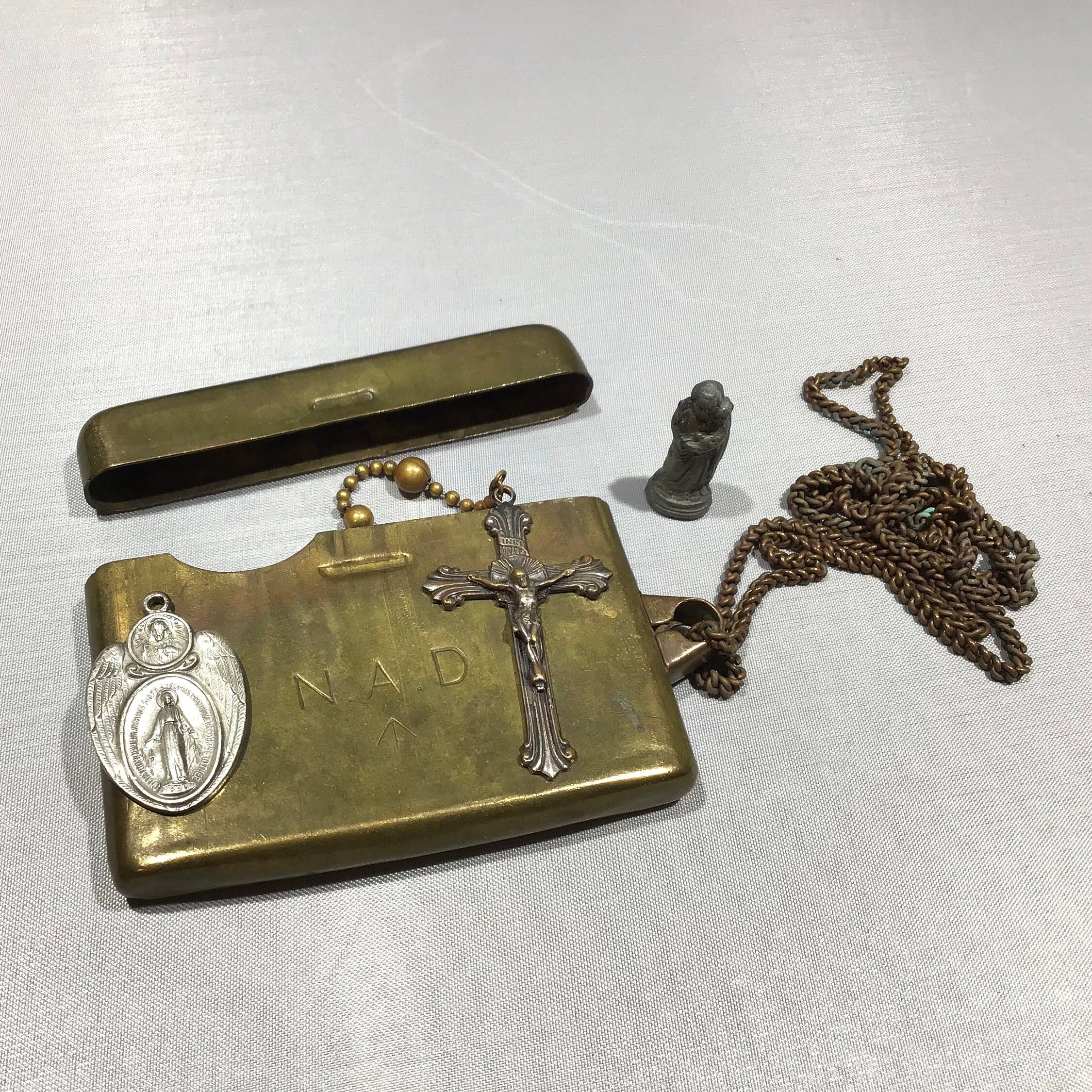 WWII Navy Soldiers Brass Rosary 1830 Mary Jesus Scapular Medal Joseph ...