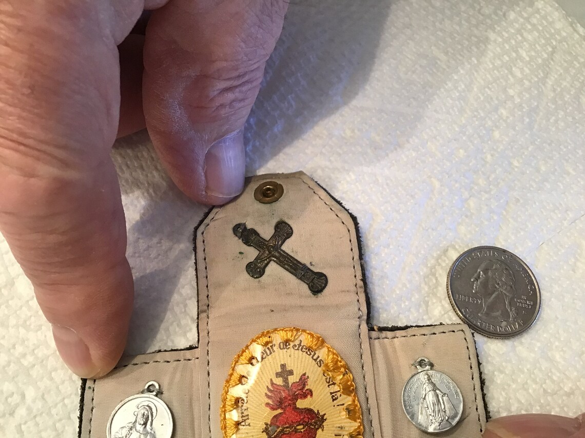 Vintage Pocket Vestment Tiny Black Leather Folder Religious Medals ...
