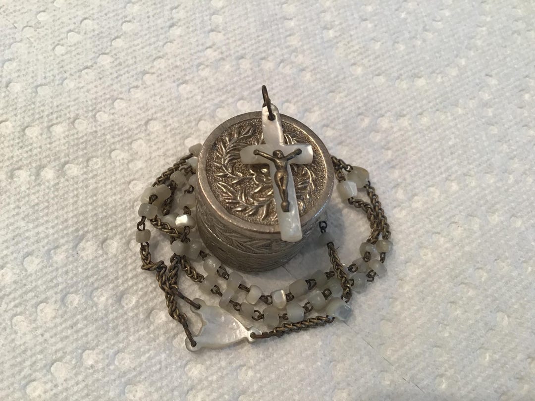 Antique Etched Casket Case W/ MOP Mother of Pearl ROSARY Set ...