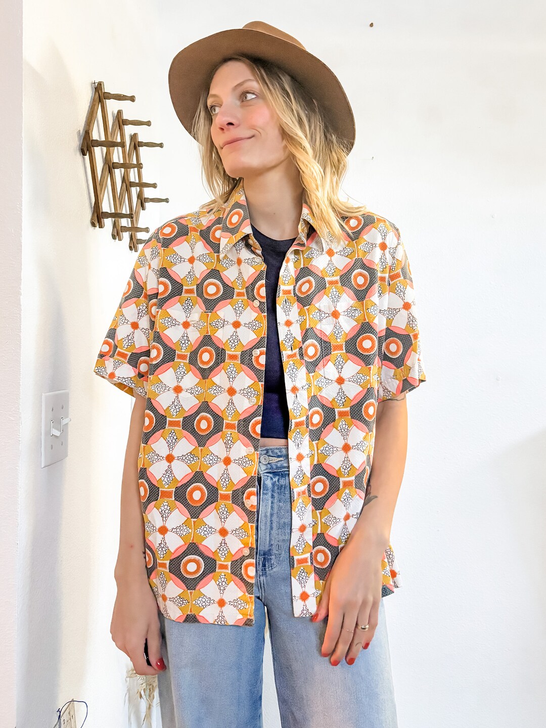 1970s Pattern Short Sleeve Button Down - Etsy