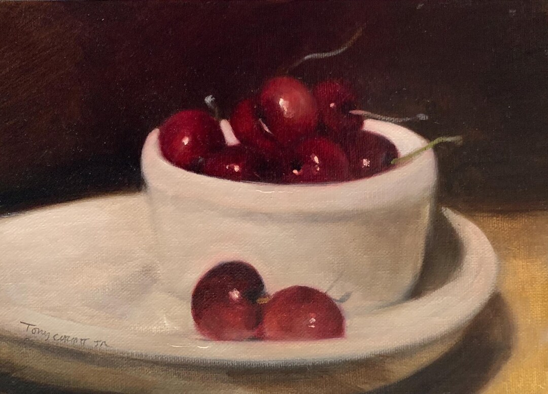 Cherry Still Life, Framed Original Oil Painting on 5"x7" Linen Panel ...