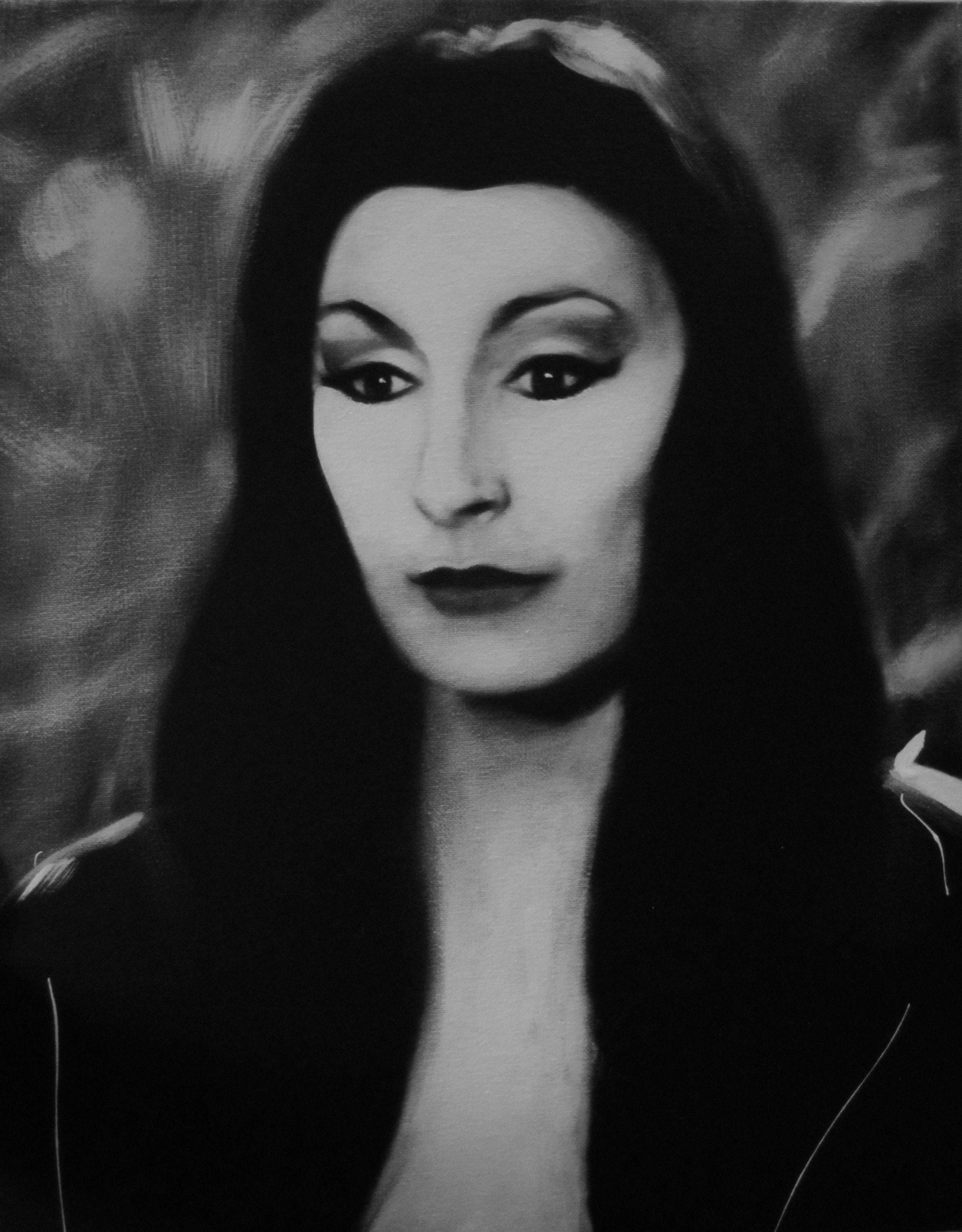 Morticia Addams, Original 20"x16" Acrylic Painting, Black & White ...