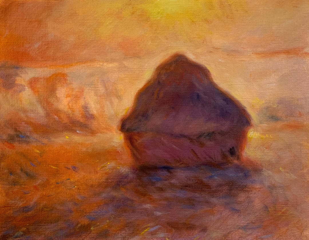 An Original 8x10 Framed Oil Painting of Wheatstack, Sun in the Mist ...